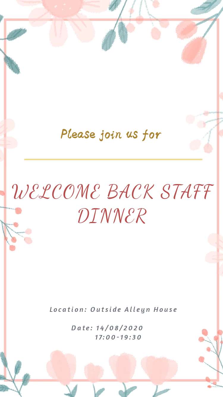 DHSZ Welcome Back Staff Dinner - Friday, August 14, 2020 17:00 to 19:30 ...